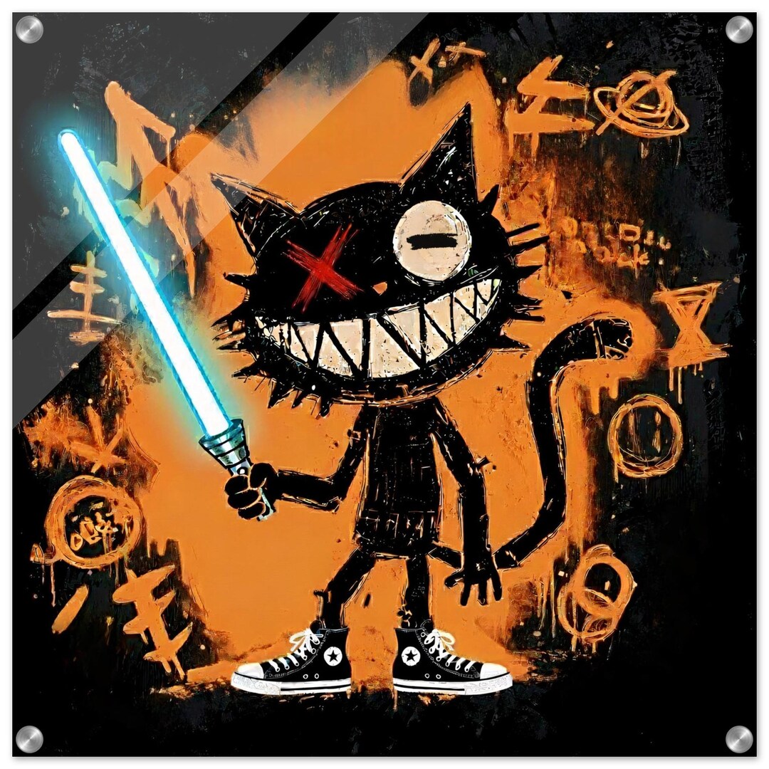 Graffiti Cat Wall Art With Lightsaber - Urban Street Art Fantasy - Etsy