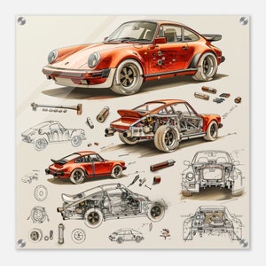 Porsche 911 Glass Wall Art | Porsche 911 Blueprint Wall Art | Porsche ...