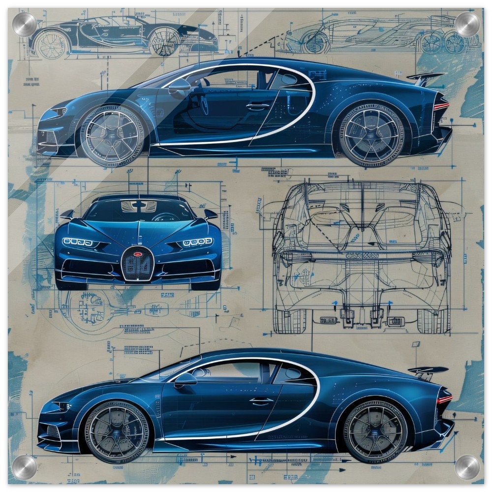 Bugatti Chiron Glass Wall Art | Bugatti Chiron Blueprint Wall Art ...