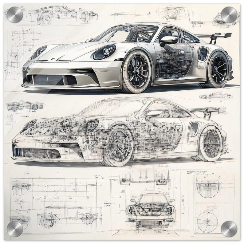 Porsche 911 Glass Wall Art | Porsche 911 Blueprint Wall Art | Porsche ...