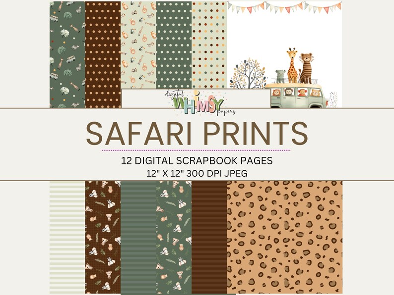 Safari Digital Paper Pack, Printable Scrapbook Paper, 12" X 12", 300 ...