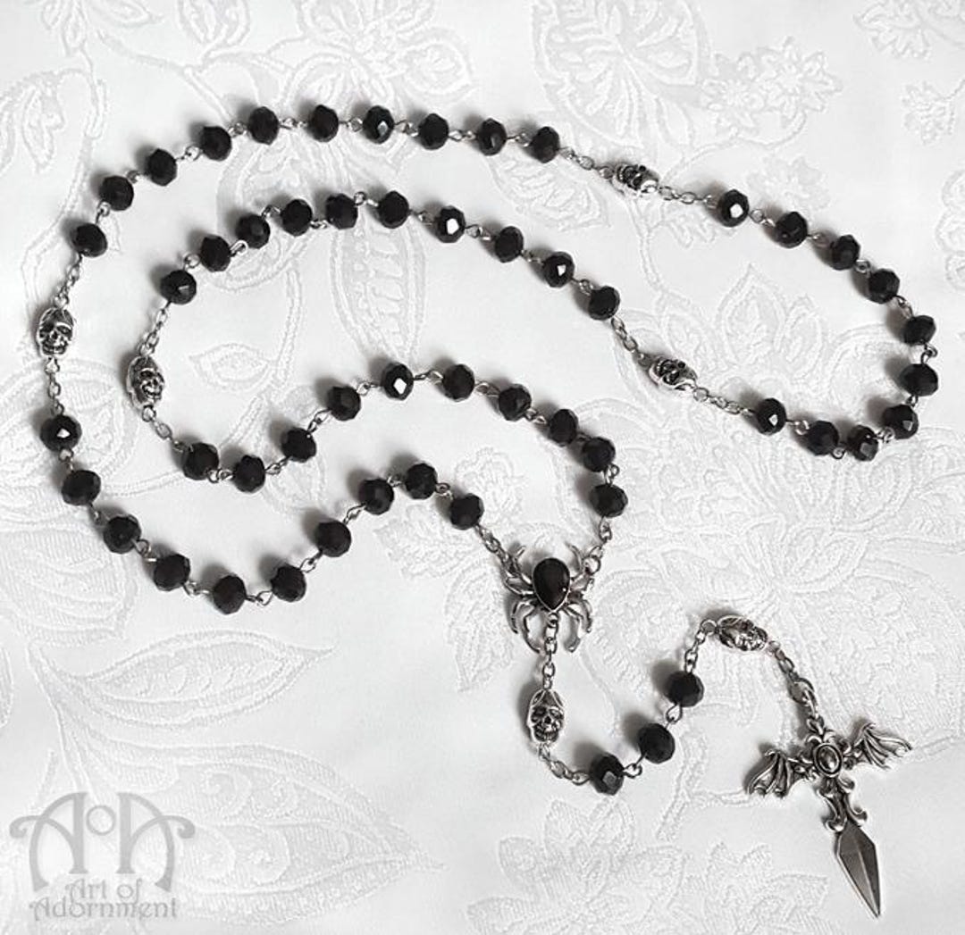 Black Crystal Gothic VAMPIRE ROSARY NECKLACE Skull Silver Spider Bat ...