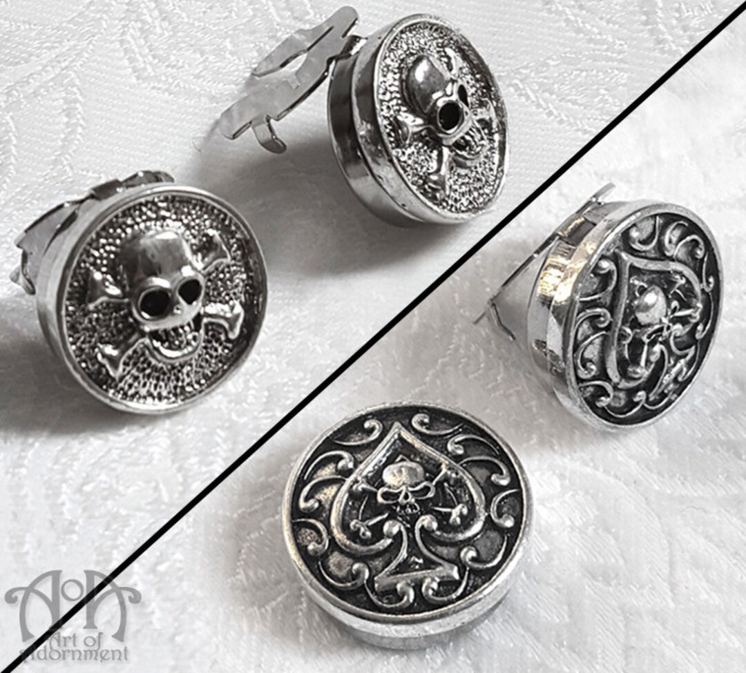 Gothic Punk CUFF BUTTON COVERS Set Silver Skull Ace of Spades Mens ...