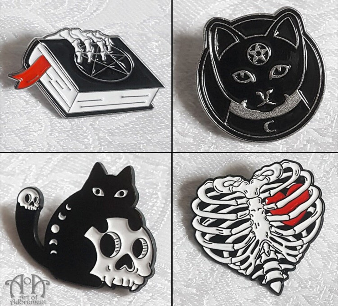 Gothic Punk SKELETON CAT PIN Black Tack Badge Witch Star Skull Book ...