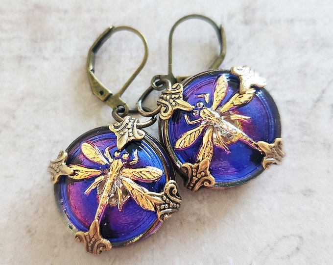 Art Nouveau Dragonfly Earrings, Fuchsia Blue Earrings, Czech Glass ...