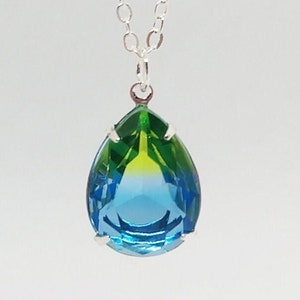 Blue Green Transparent Rhinestone Pendant Necklace, Bridesmaid Jewelry ...