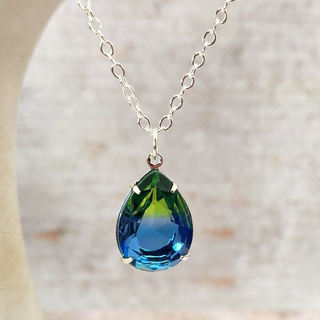 Blue Green Transparent Rhinestone Pendant Necklace, Bridesmaid Jewelry ...