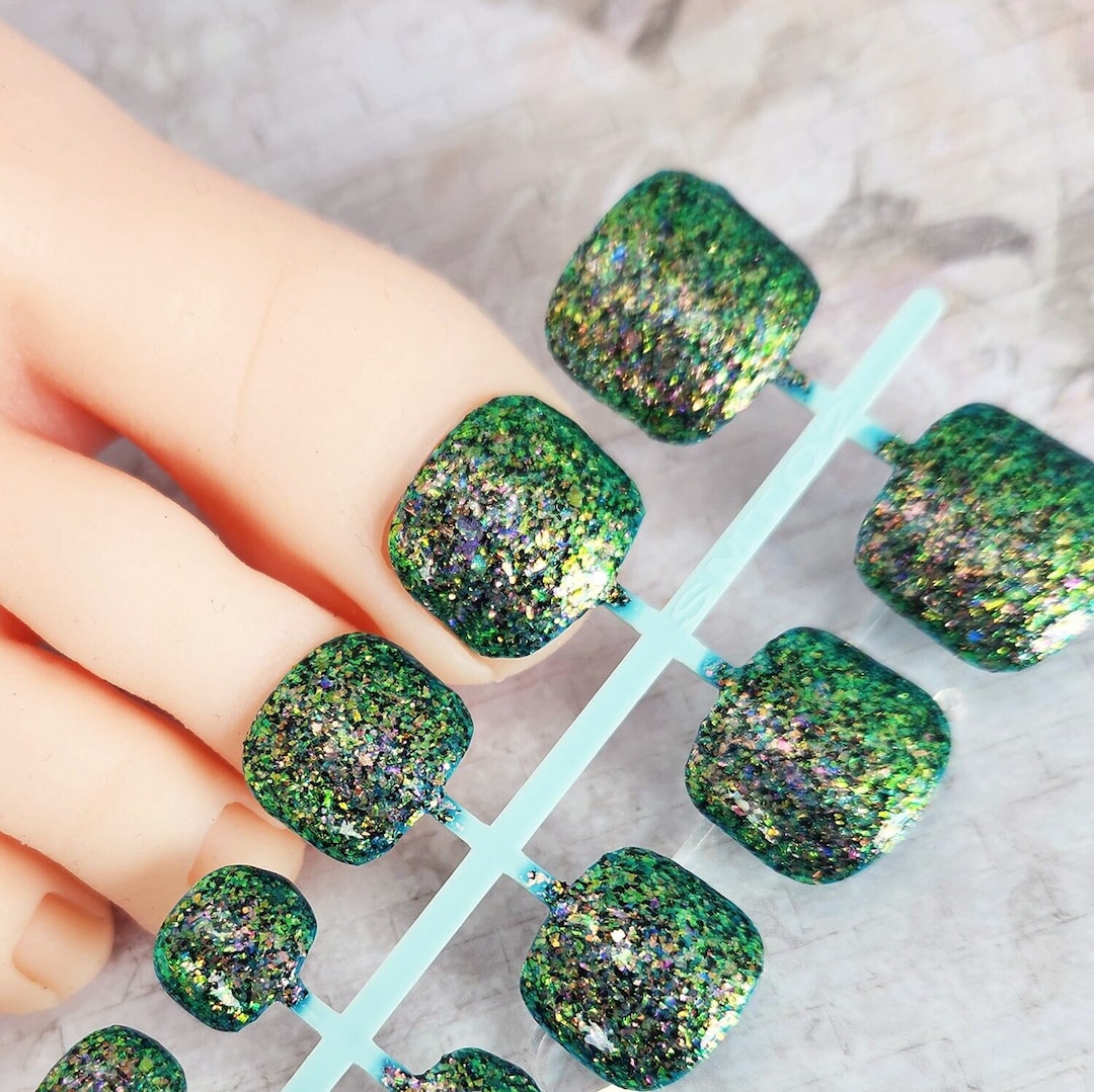 Teal Green Press on Toenails, Iridescent Holographic Flakie Glitter ...