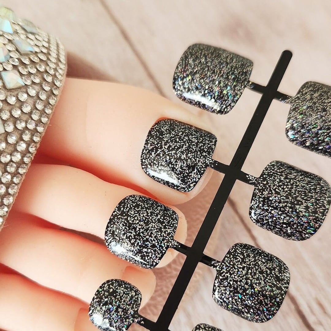 Black Multi Color Glitter Press on Toenails, Full Cover False Nail Set ...