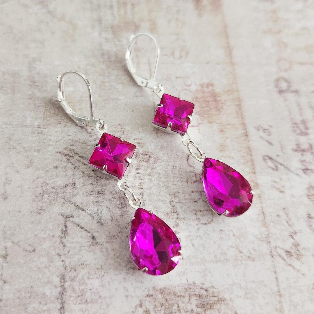 Fuchsia Rhinestone Drop Earrings, Bridesmaid Jewelry, Hot Pink Earrings ...
