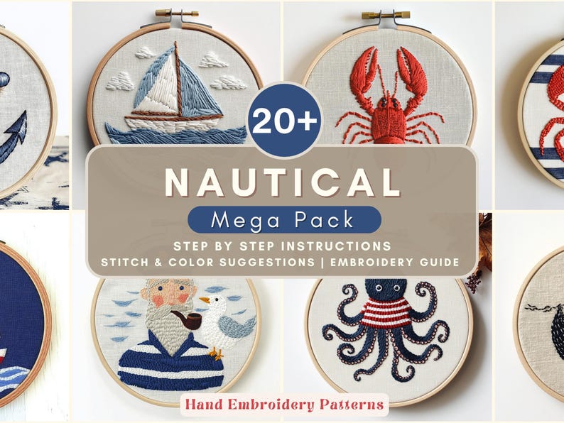 Nautical Hand Embroidery Pattern Bundle for Beginners Sea Life Template ...