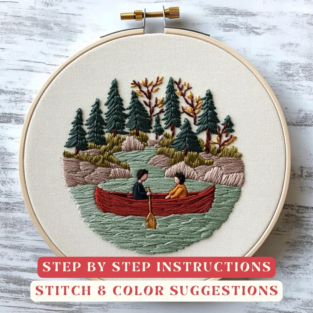 Canoe Embroidery Pattern Lake Scene Two People Beginner Stitch Guide ...