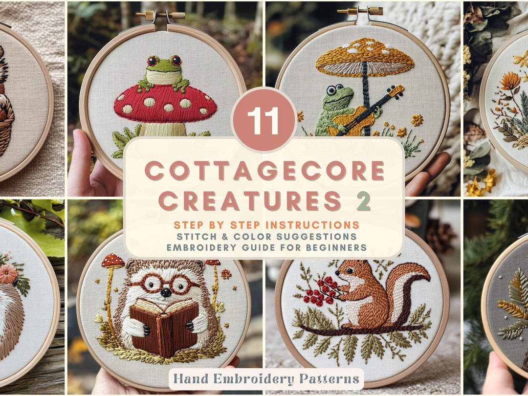 Cottagecore Hand Embroidery Pattern Set Forest Animal PDF Woodland Frog ...