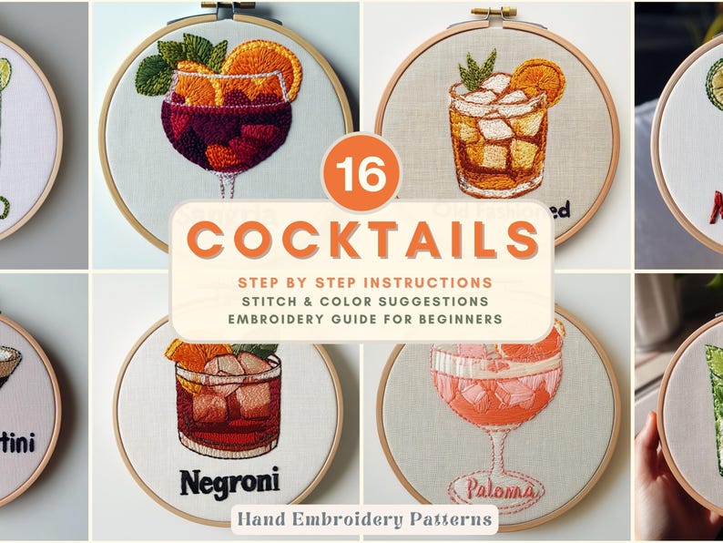 Cocktail Embroidery Pattern Set PDF Drink Hoop Art Mixology Designs Bar ...