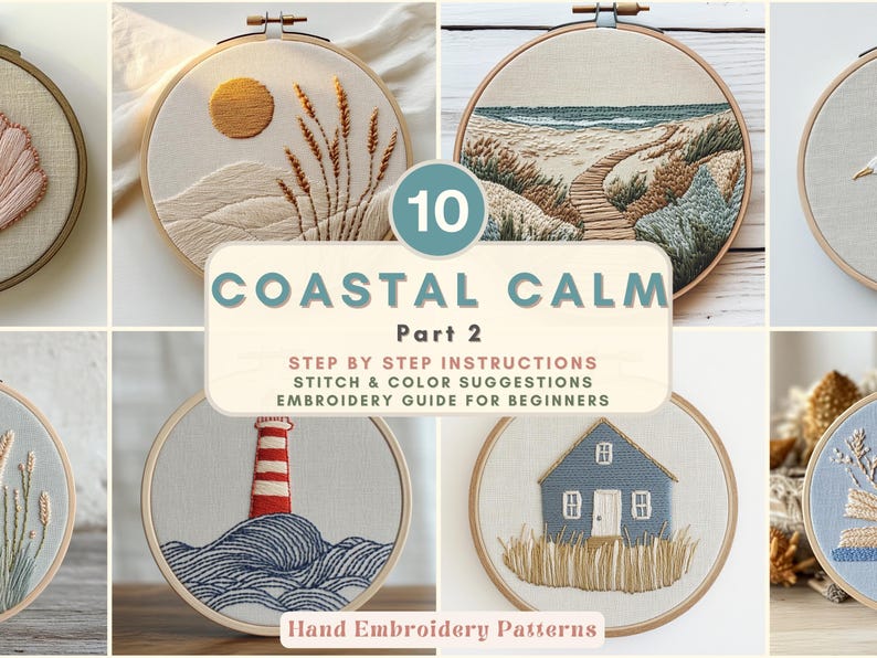 Seaside Hand Embroidery Pattern Bundle Coastal Nature Ocean Views Beach ...
