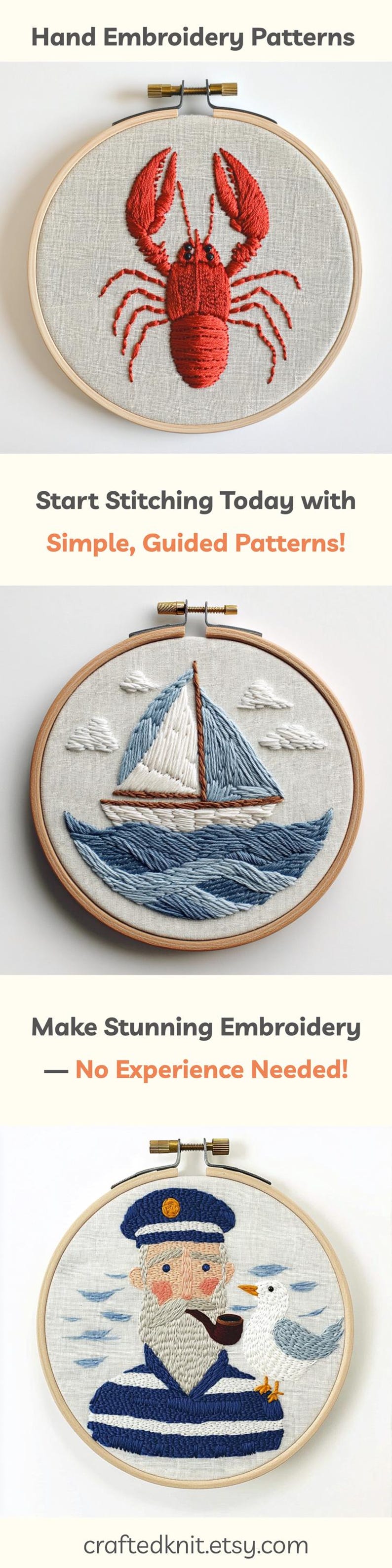 Nautical Hand Embroidery Pattern Bundle for Beginners Sea Life Template ...