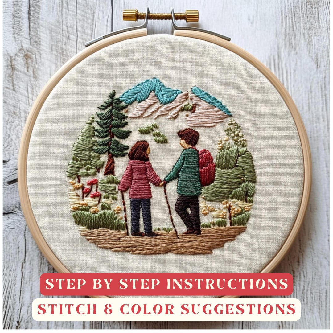 Mountain Hike Embroidery Pattern Couple Hiking in Forest Beginner ...