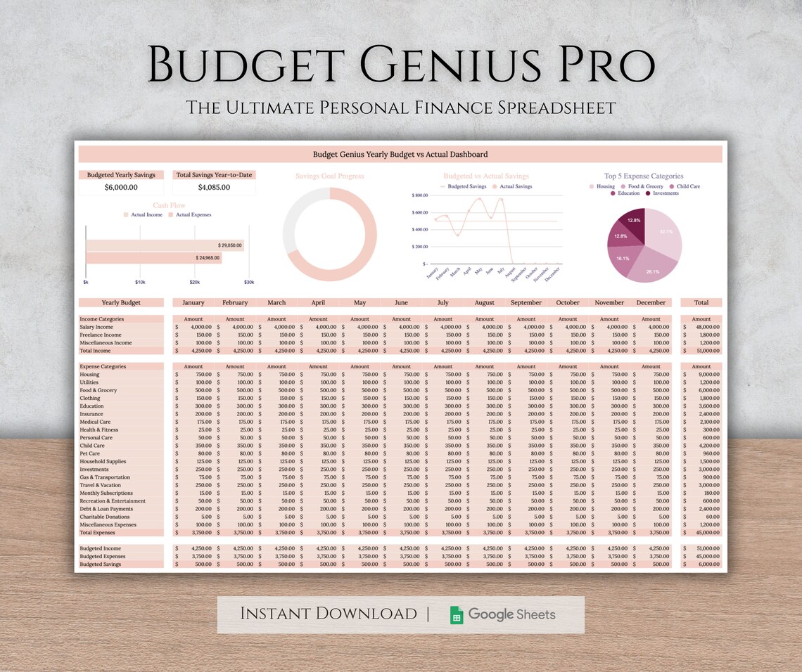 The Ultimate Personal Budget Spreadsheet pink, Financial Planning ...