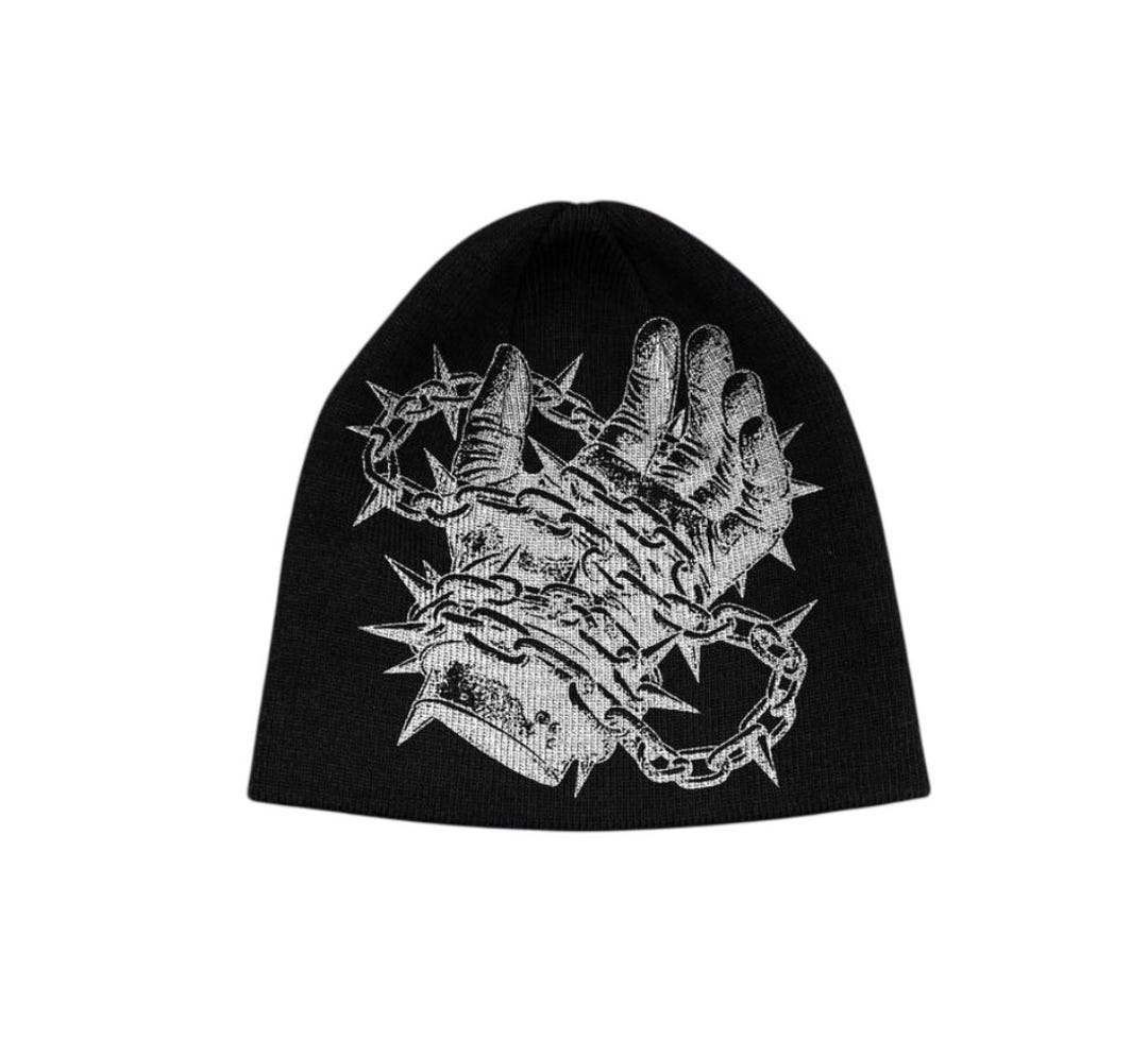 Gothic Spiked Chain Hand Beanie – Dark Aesthetic Knit Hat, Punk Metal ...