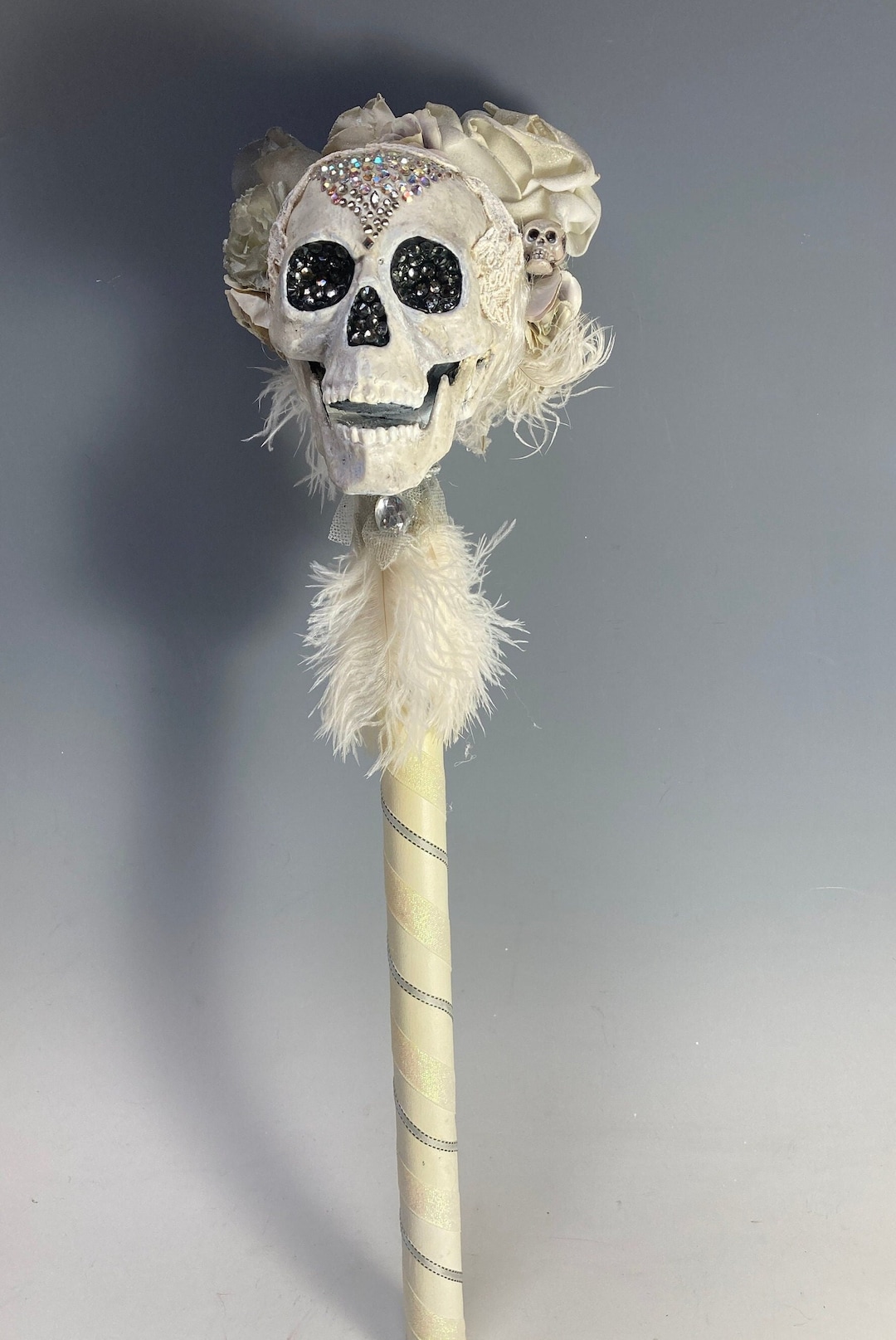 White Goth Skull & Roses Staff, Crystals, Feathers, Wood Base, 48" Tall ...