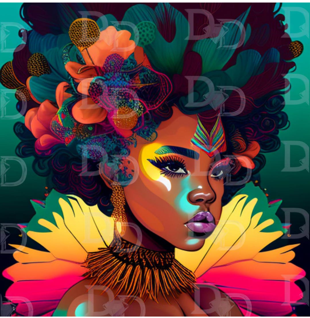 2 Radiant Queen in Bloom - Afro Floral Portrait - Vibrant Digital Art ...