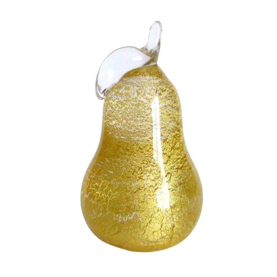 Solid Art Glass Pear Figural Paperweight Vintage Gold Foil Glass Pear ...