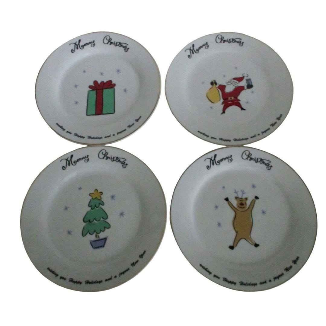 4 Merry Brite Merry Christmas Salad Dessert Plates - Santa Reindeer ...