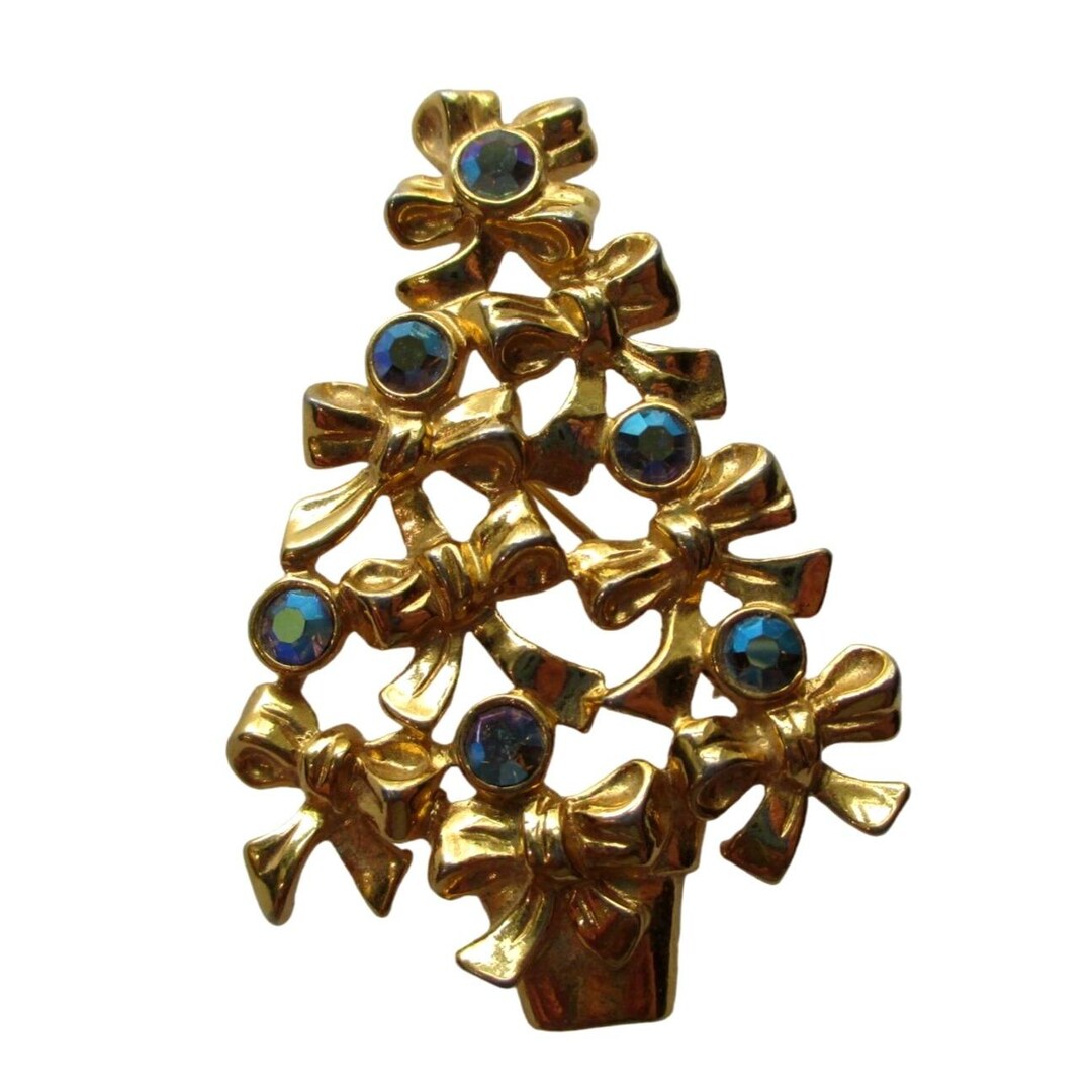 Avon Christmas Tree Pin Brooch Vintage 1992 Holiday Jewelry Goldtone ...