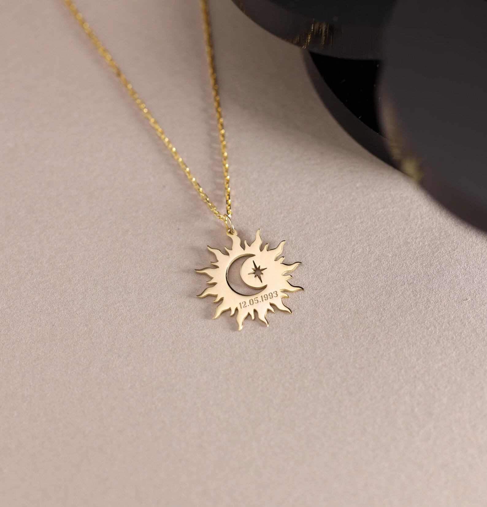 Personalized Celestial Necklace, Sun Moon Star, Engraved Date Pendant ...