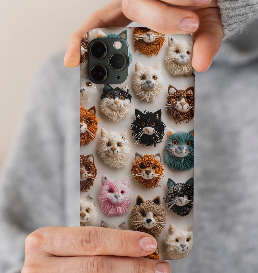 Cute Cat Phone Case Gift Idea Mom Her Grandmother Kitty Charm Embroidery 3D Collage Trendy ...