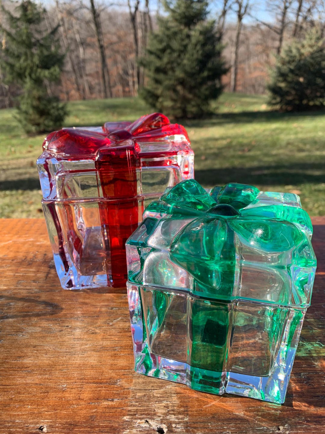 Set of 2 Circleware Glass Gift Box Presents, Christmas Holiday Green ...