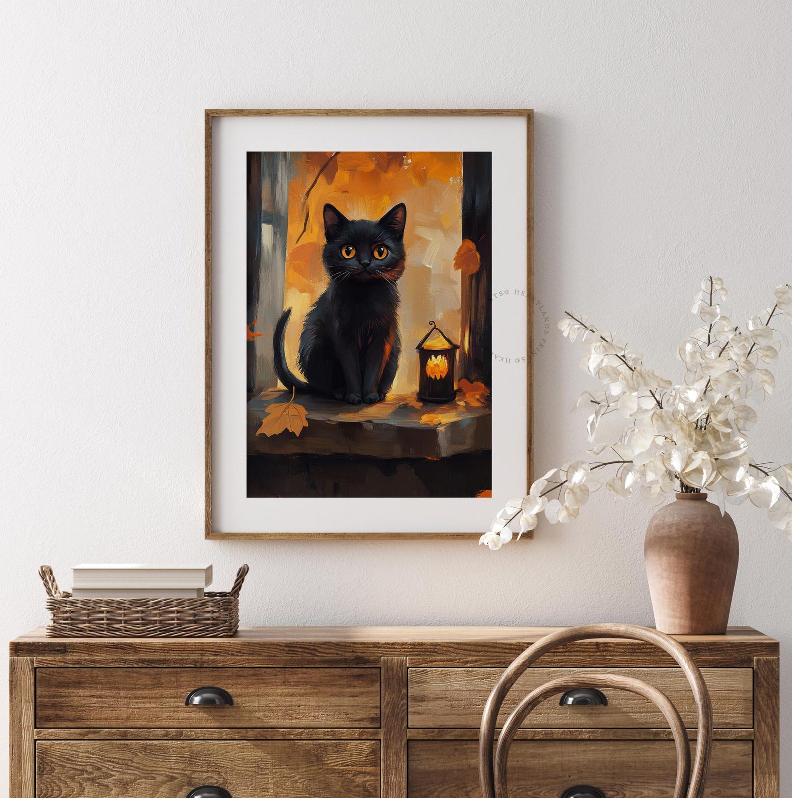 Black Cat Halloween Print, Whimsigoth Fall Wall Art Decor, Cute Cat ...
