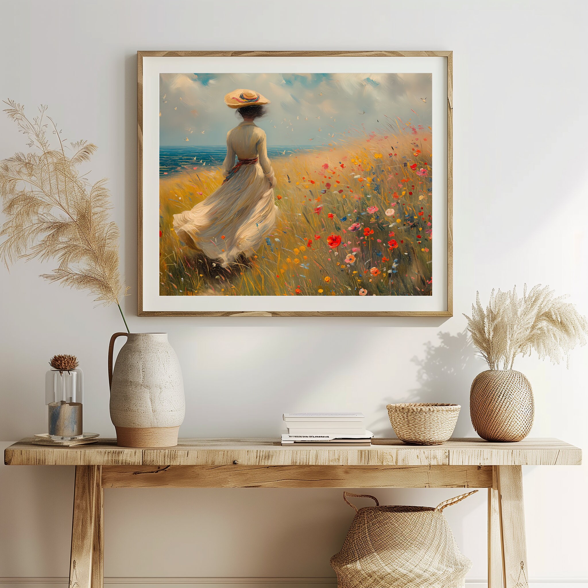 Printable Coastal Spring Wildflower Art Beautiful Woman in Dress ...