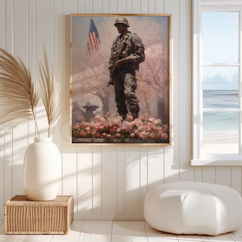 American Flag Pink Rose Army Veteran Wall Art Poster Print Artwork ...