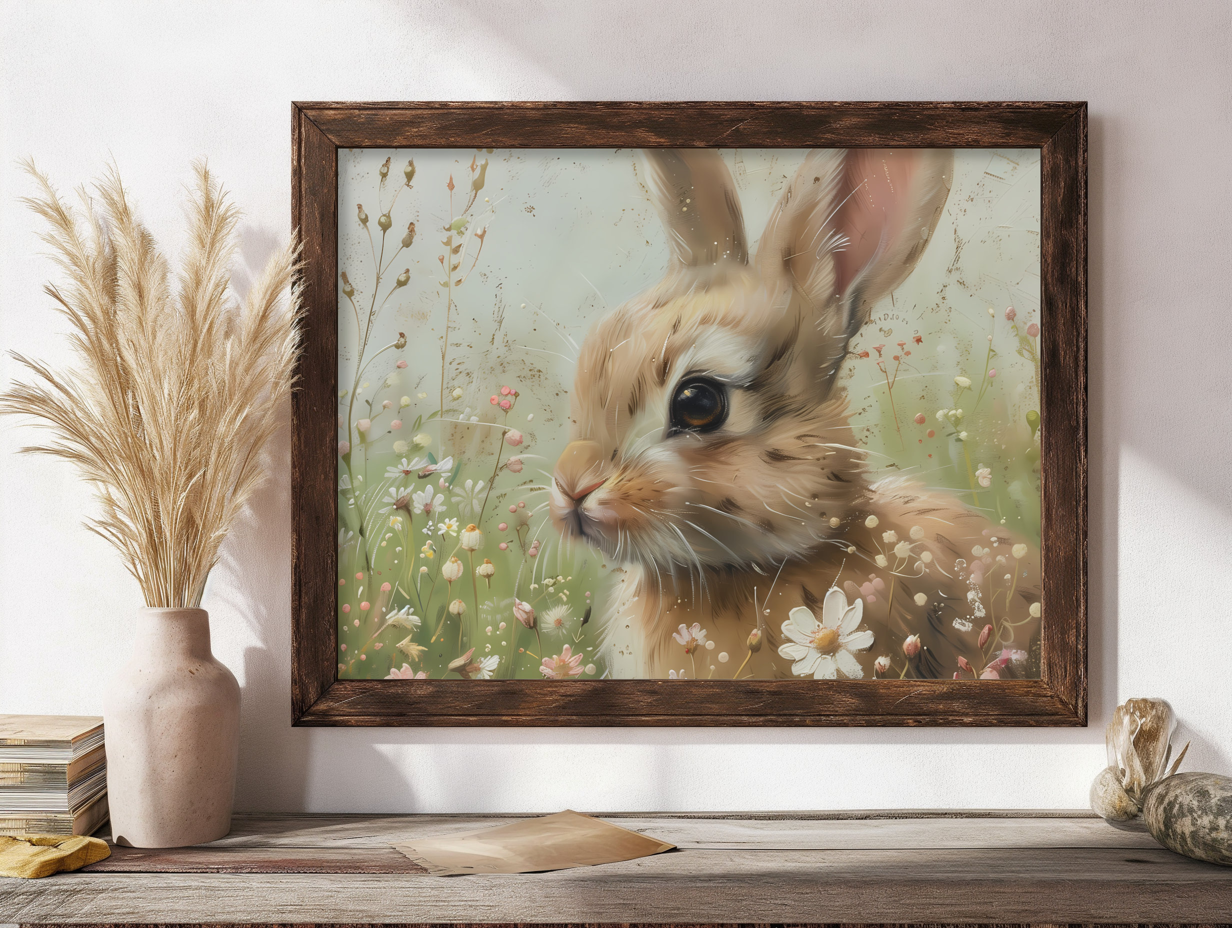 Printable Vintage Bunny Rabbit, Spring Wildflower Artwork Close-up ...