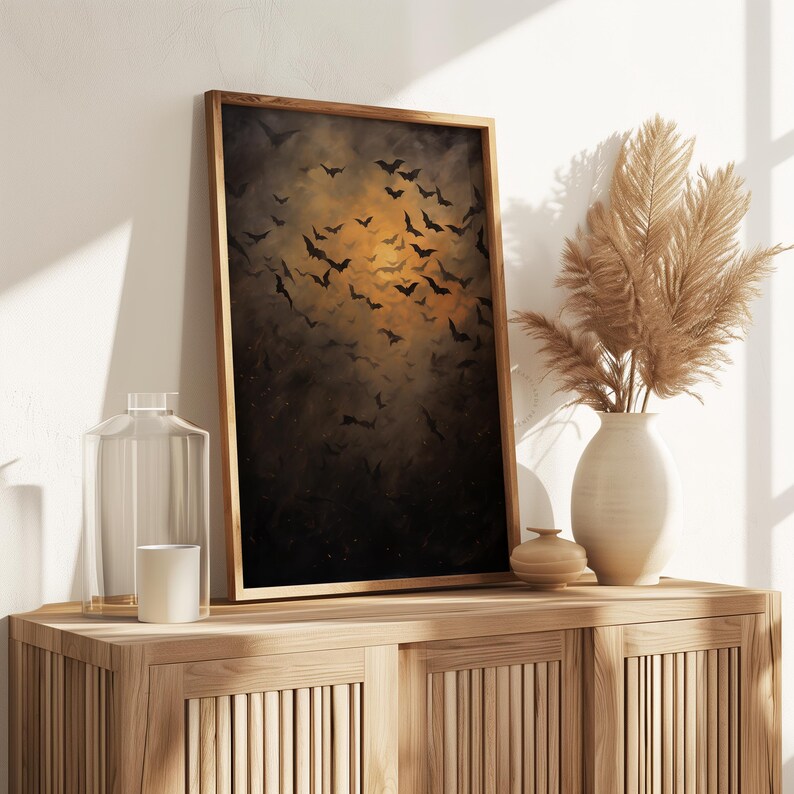 Printable Halloween Wall Art Bats Artwork: Flying Portrait Painting of ...