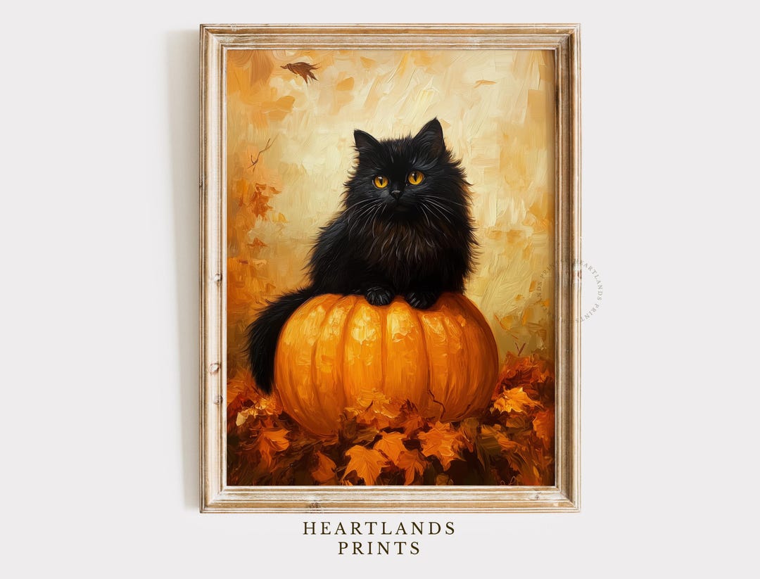 Black Cat Pumpkin Print, Halloween Wall Art Fall Decor, Cute Cat ...