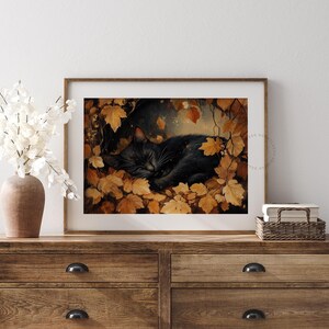 Sleeping Cat Fall Art Print, Halloween Wall Art Cute Fall Cat Printable ...