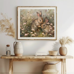Wall Art Cute Bunnies Wildflower Field Easter Spring Print, Neutral ...