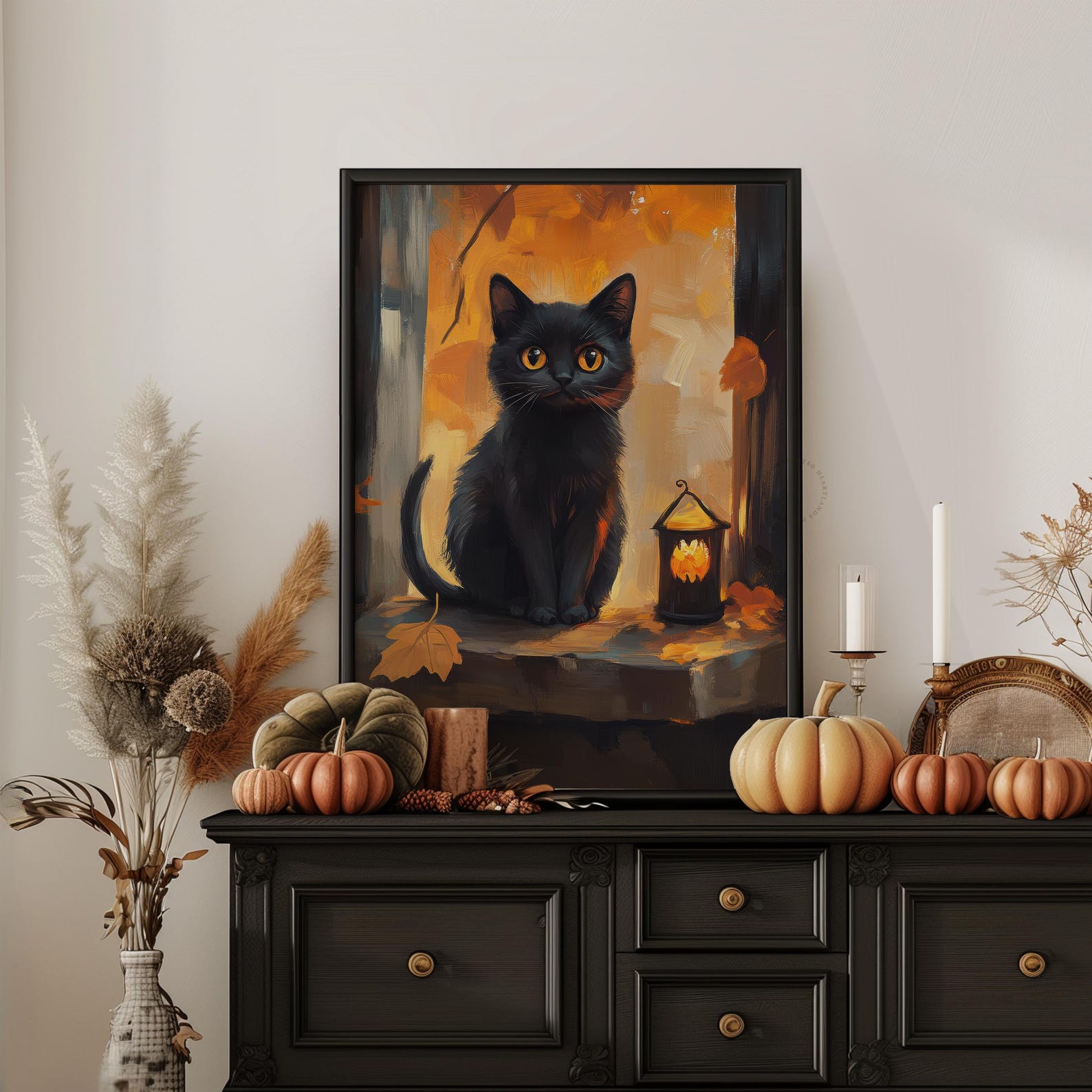 Black Cat Halloween Print, Whimsigoth Fall Wall Art Decor, Cute Cat ...