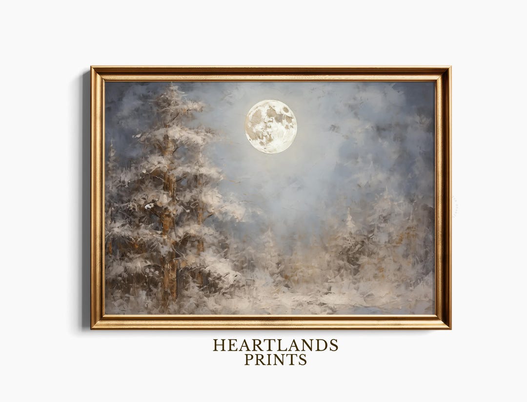 Winter Moon Art Print, Snowy Mountain Landscape Christmas Moon Wall Art ...