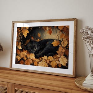 Sleeping Cat Fall Art Print, Halloween Wall Art Cute Fall Cat Printable ...