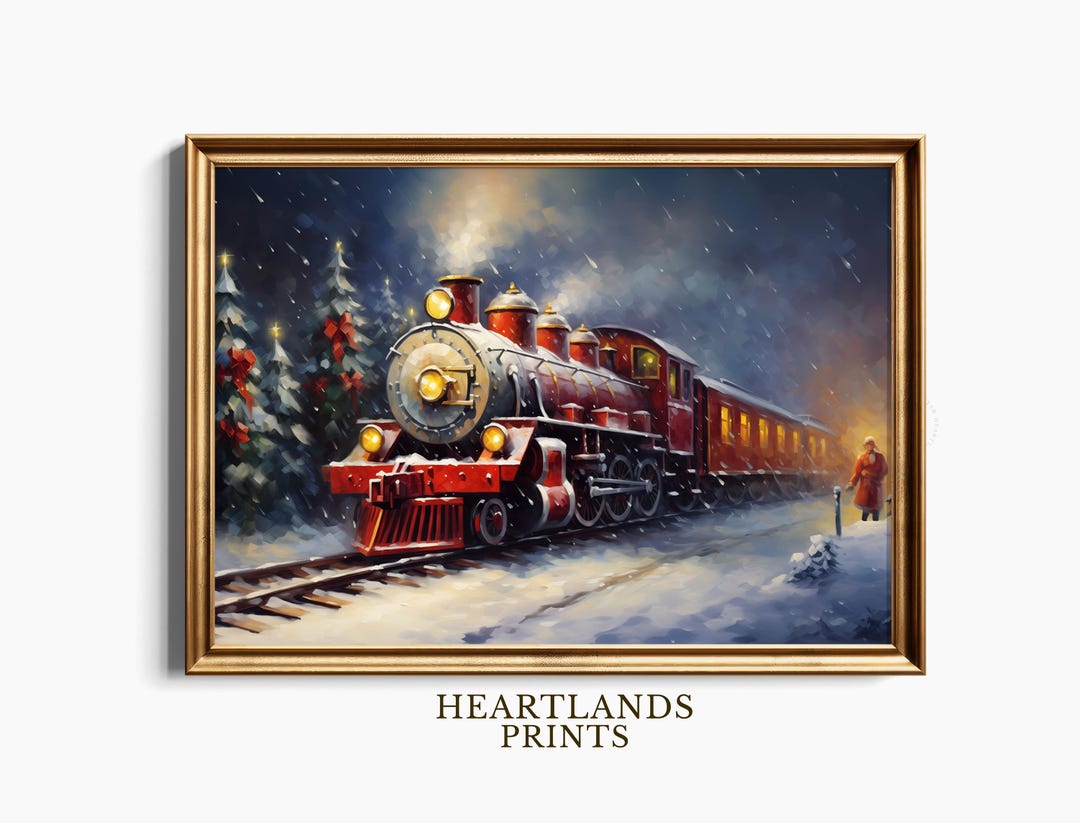 Red Christmas Train Art Printable Wall Art, Winter Train Christmas ...