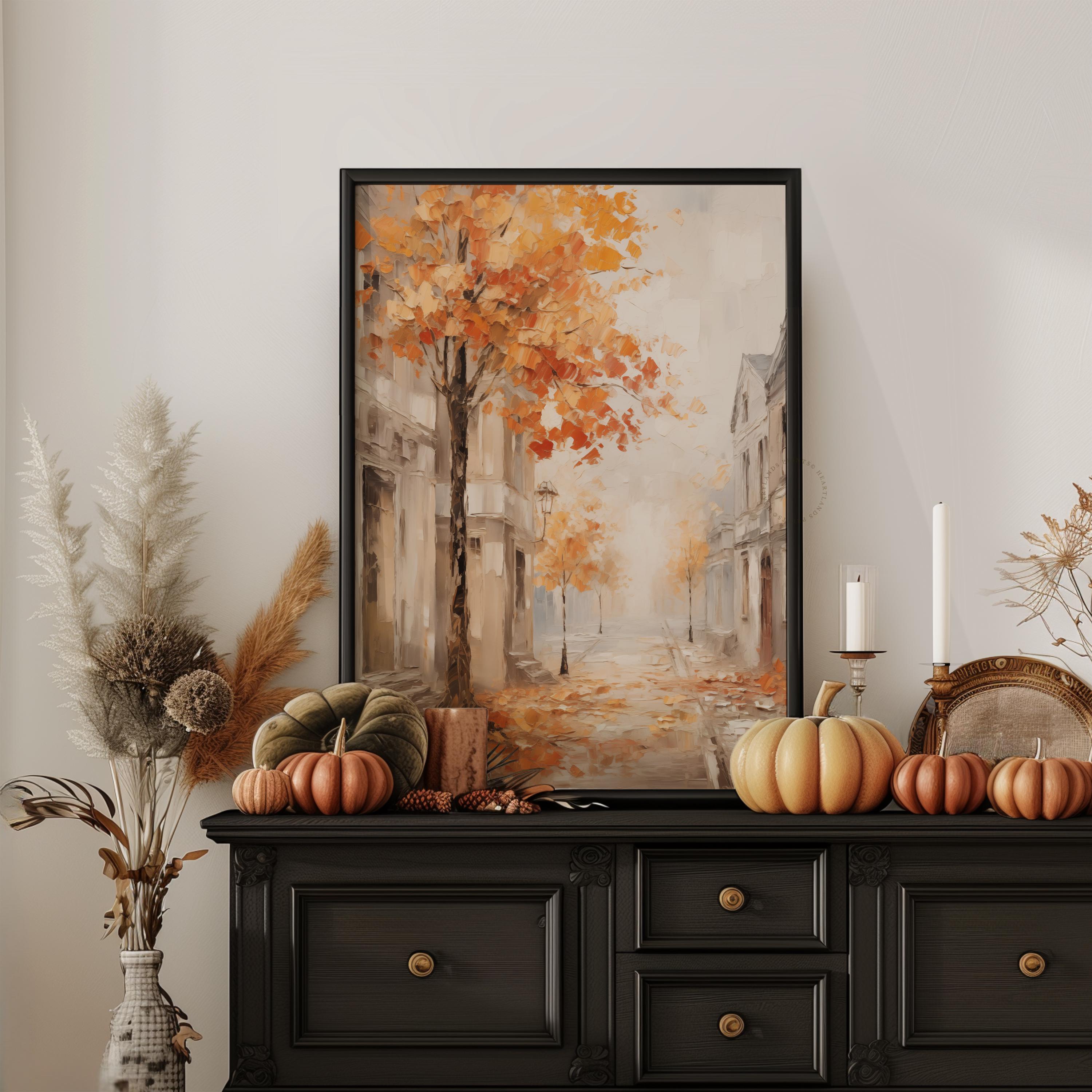 Fall City Street Art Print, Printable Fall Wall Art Oil Painting ...