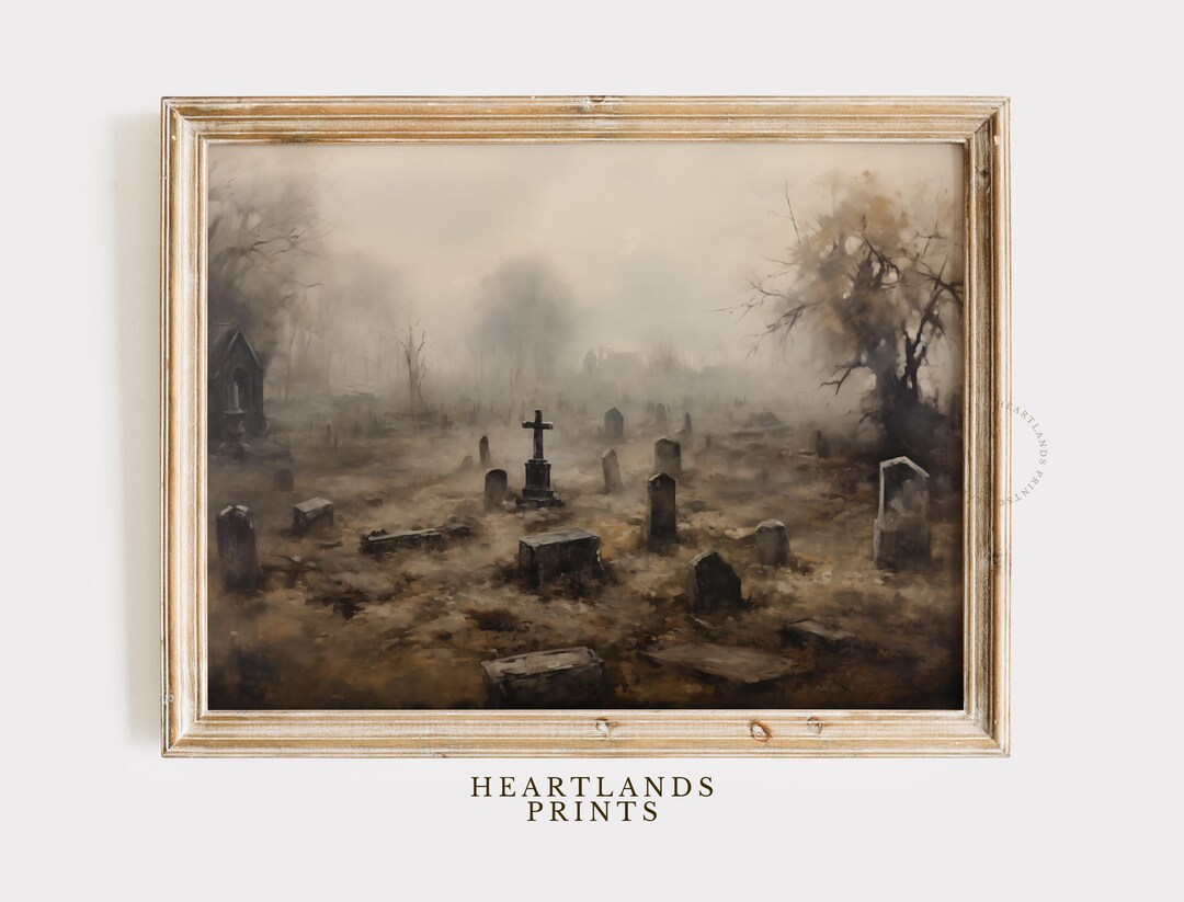 Graveyard Print Halloween Printable Wall Art, Halloween Spooky Painting ...