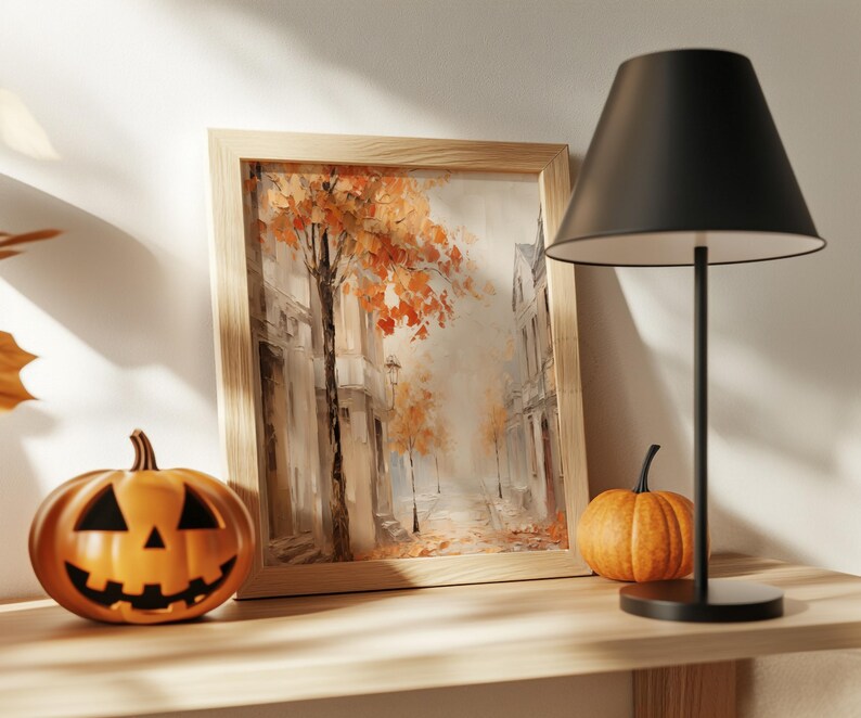 Fall City Street Art Print, Printable Fall Wall Art Oil Painting ...