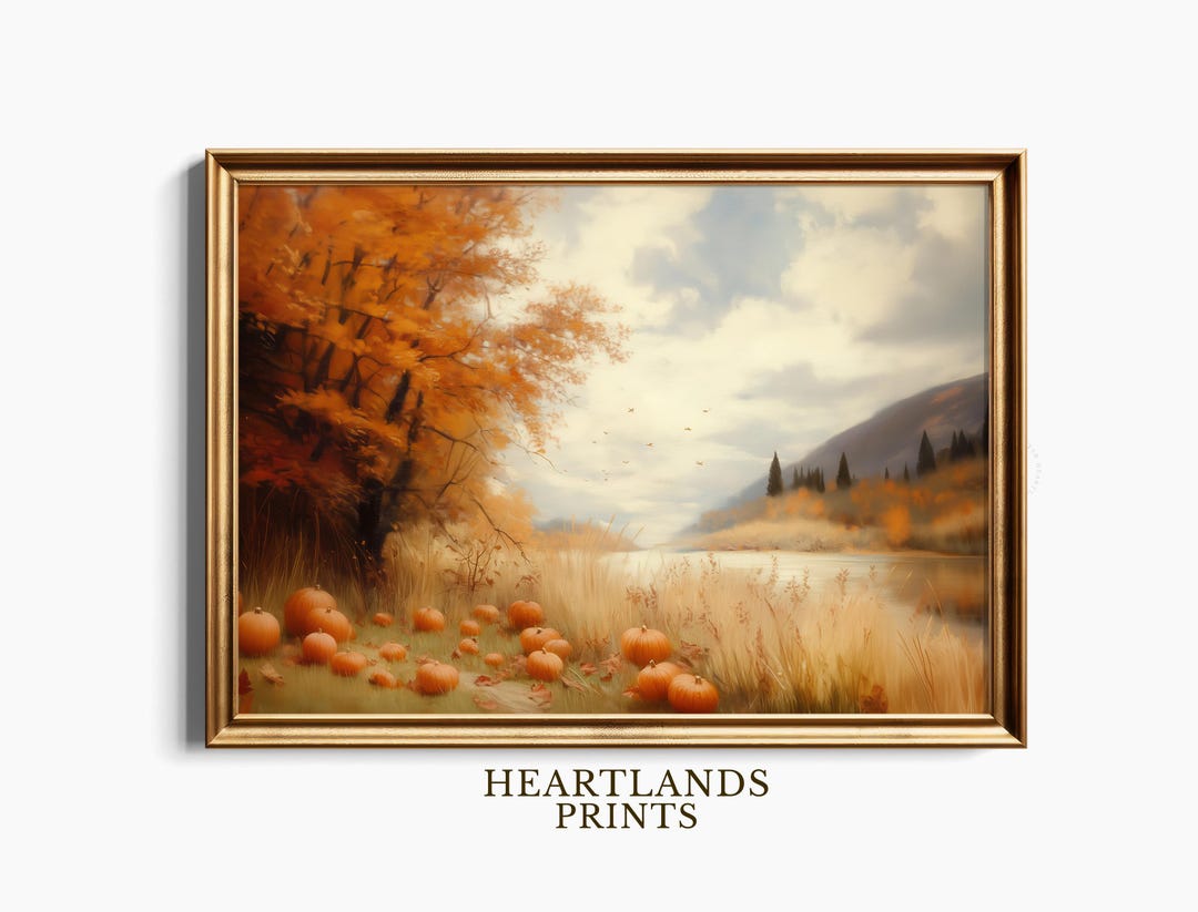 Vintage Fall Landscape Print, Fall Wall Art Painting Autumn Pumpkin ...