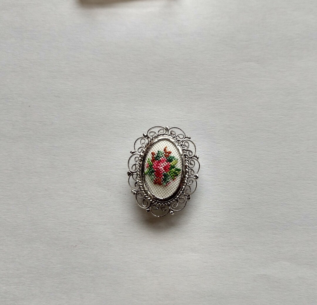 Vintage, Petit Point Hand Embroidery Floral Pin - Etsy