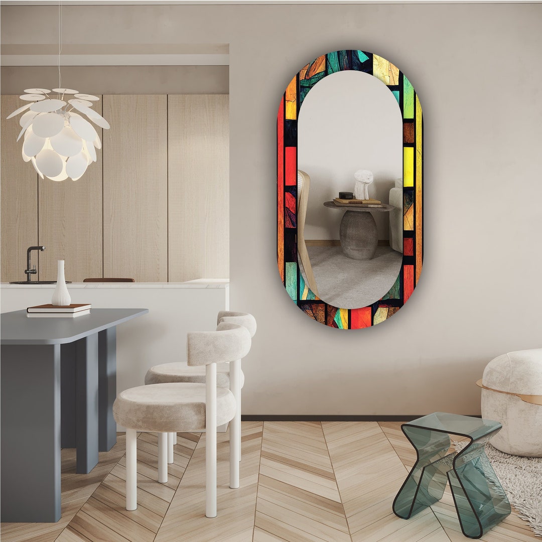 Oval Pill Shaped Tempered Glass Wall Mirror L Irregular Modern Abstract ...