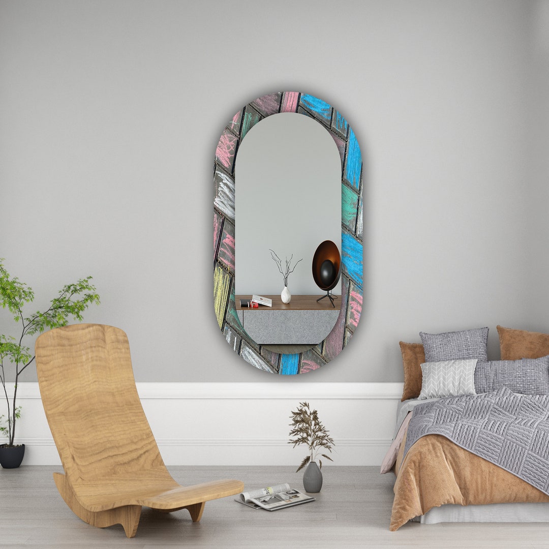 Oval Pill Shaped Tempered Glass Wall Mirror L Large Esthetic Modern ...